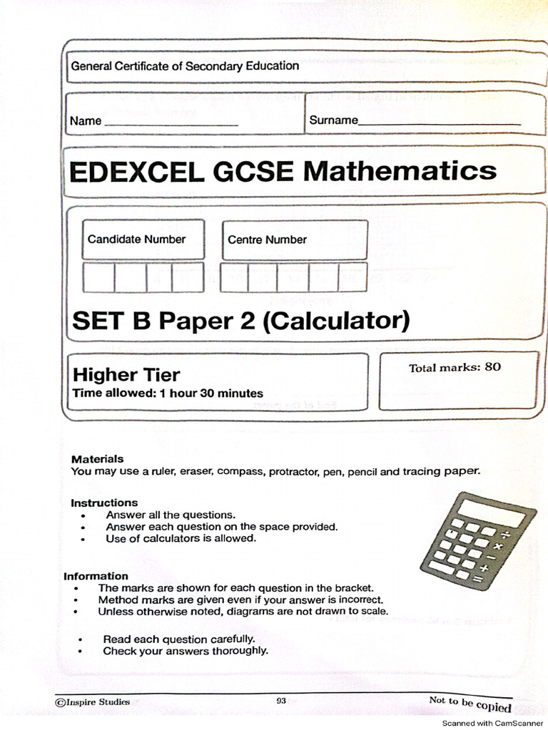 Inspire GCSE Set B Paper 2 Calc | PDF