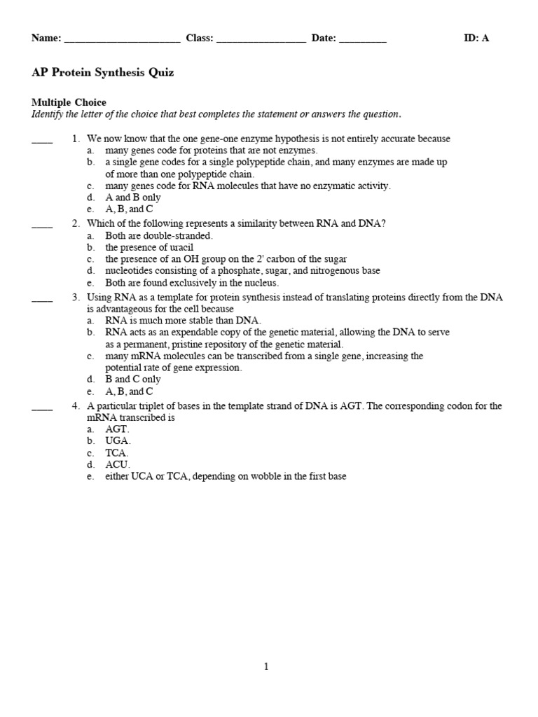 AP Protein Synthesis Quiz Questions | PDF | Translation (Biology ...