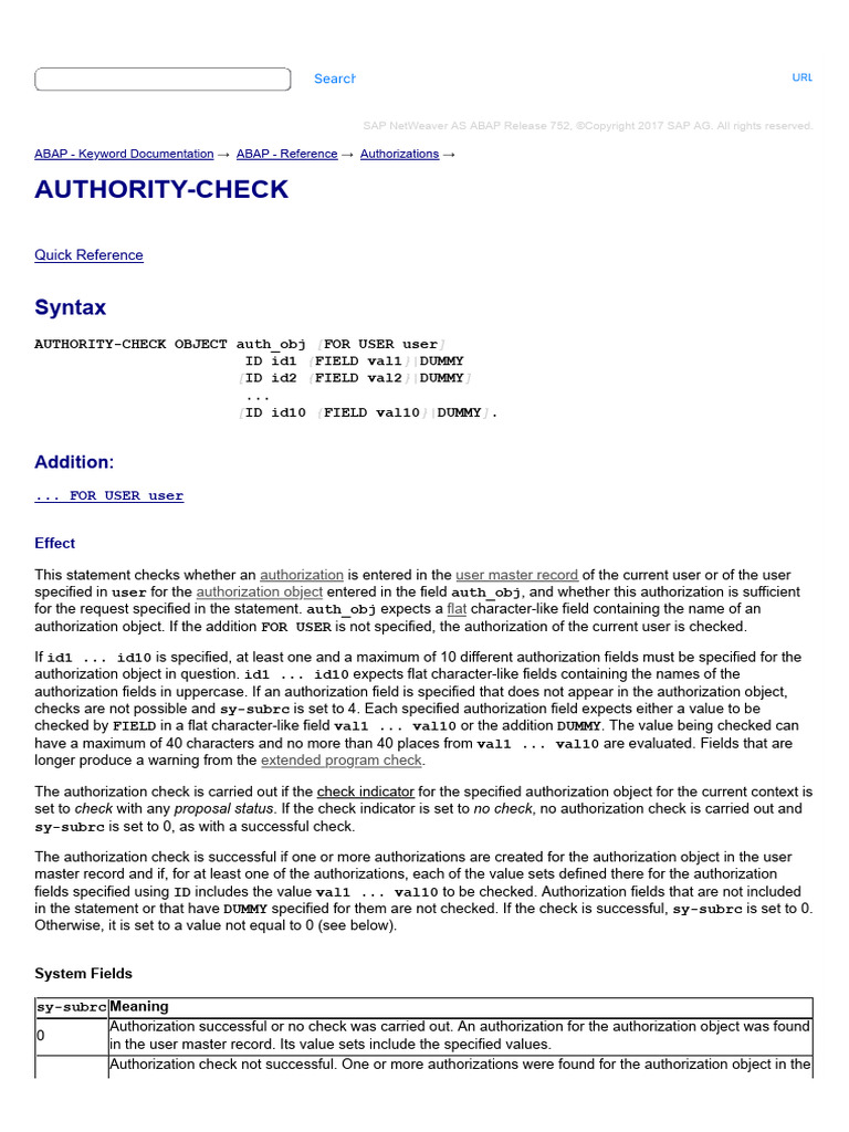 ABAP AUTHORITY-CHECK Syntax Guide | PDF | Software Engineering | Computing