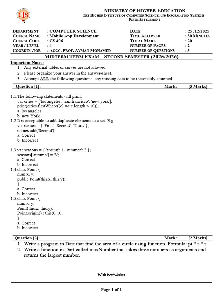 006 CIS_Mobile Application - Mid Term Exam - First Semester (2025-2026 ...