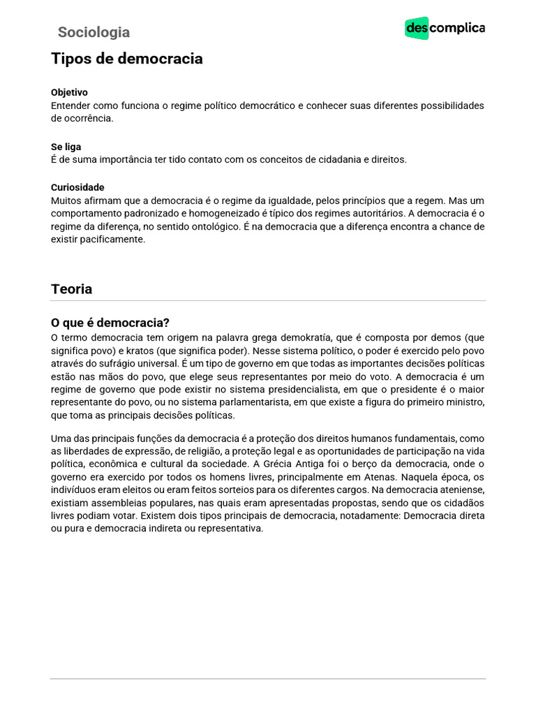 Tipos de Democracia e Suas Características | PDF | Democracia ...