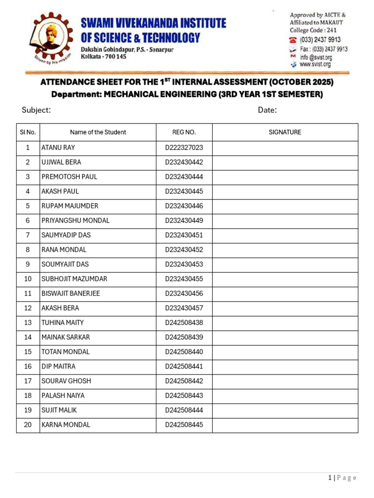 Attendance Sheet for 1st Internal Exam of Me (Svi) 5th Sem (Oct 2025) | PDF
