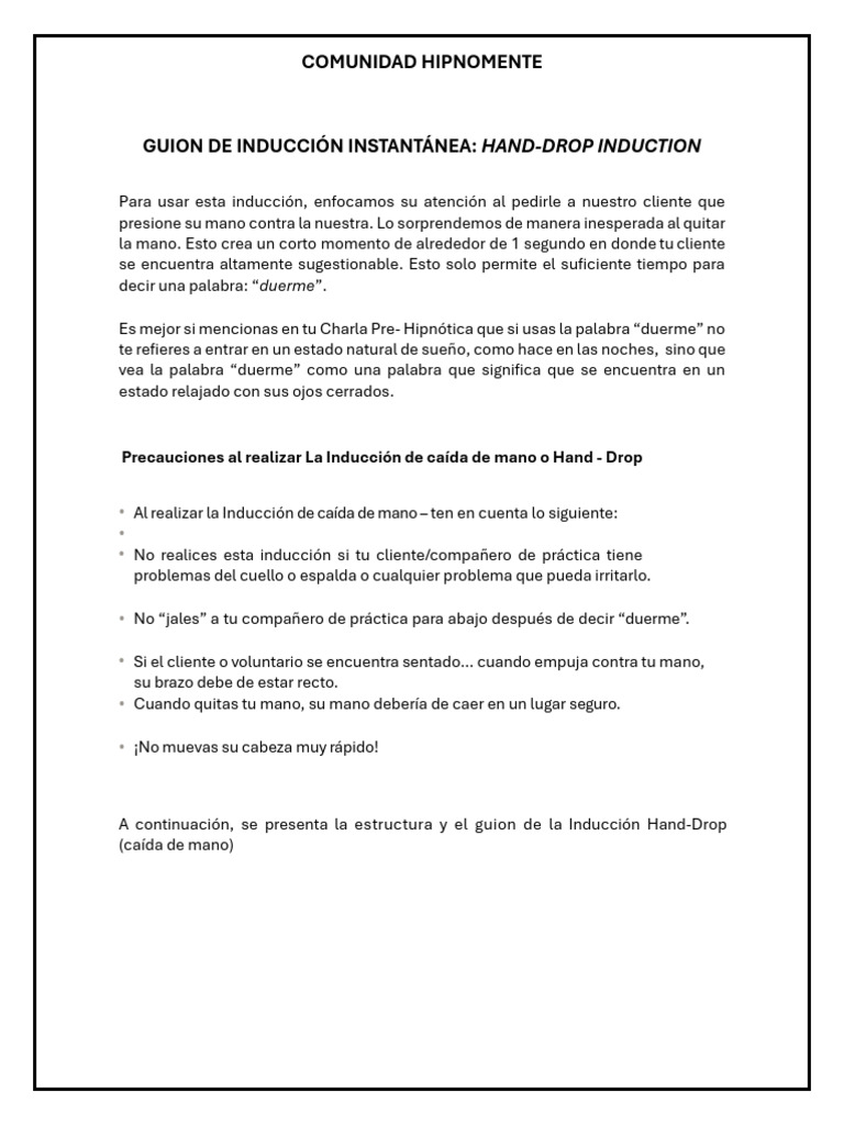 GUION DE INDUCCIÓN HAND-DROP | PDF | Hipnosis