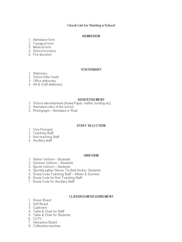 Check List For Starting A School | PDF | Boarding School | Teachers