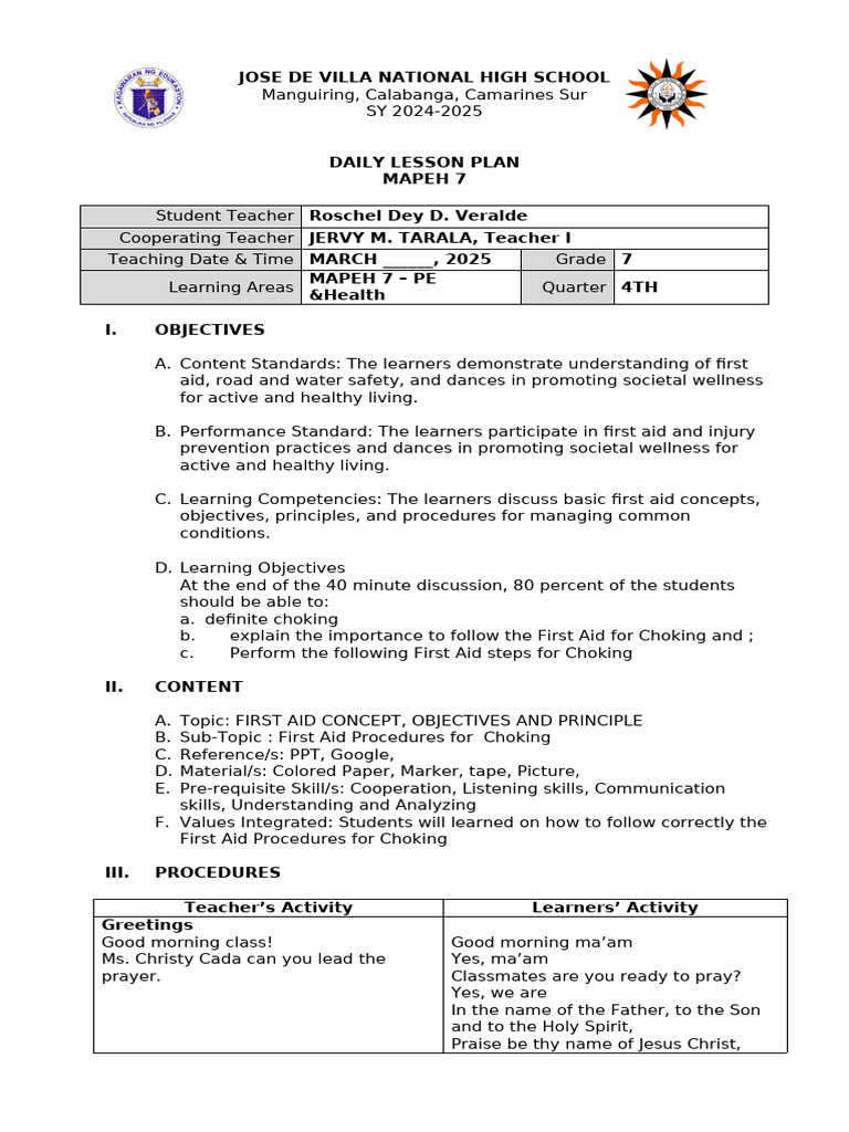 MAPEH 7 Daily Lesson Plan: First Aid for Choking | PDF | First Aid ...