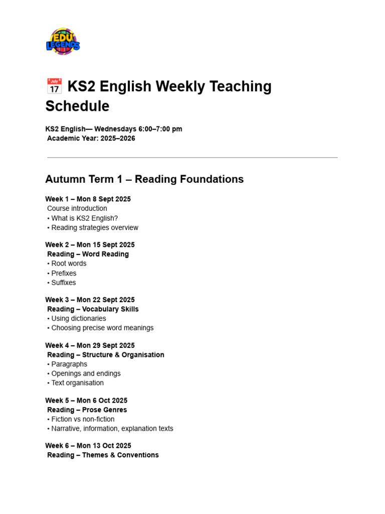 KS2 English Teaching Schedule 2025-2026 | PDF | English Language ...