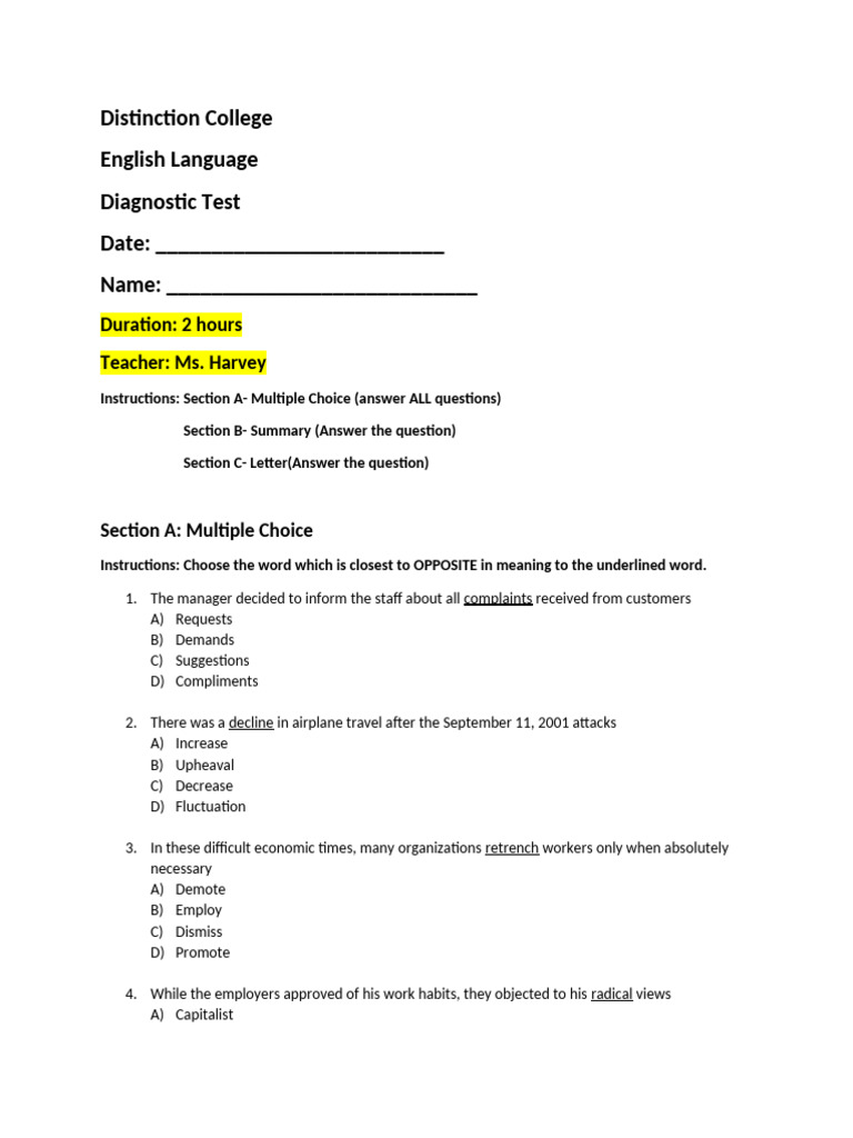 English Language Diagnostic Test | PDF