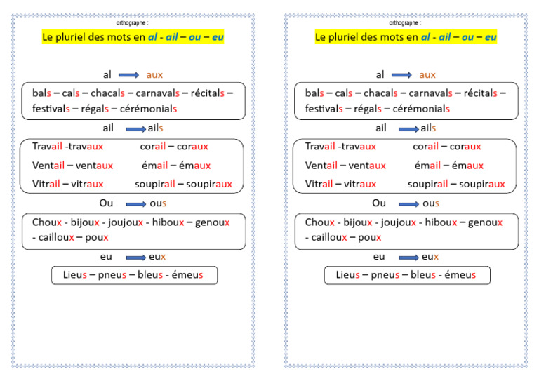 Pluriels des mots en al, ail, ou, eu | PDF
