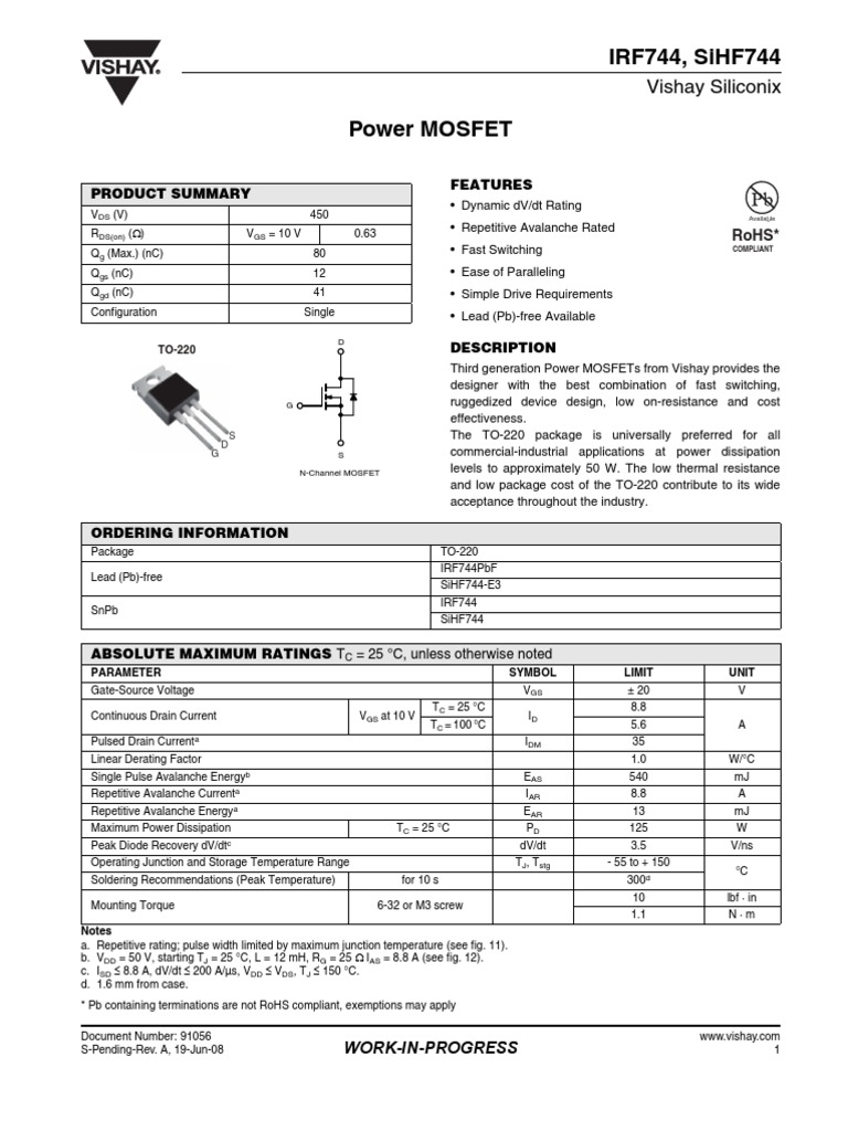 Mosfet IRF744 | PDF | Mosfet | Diode