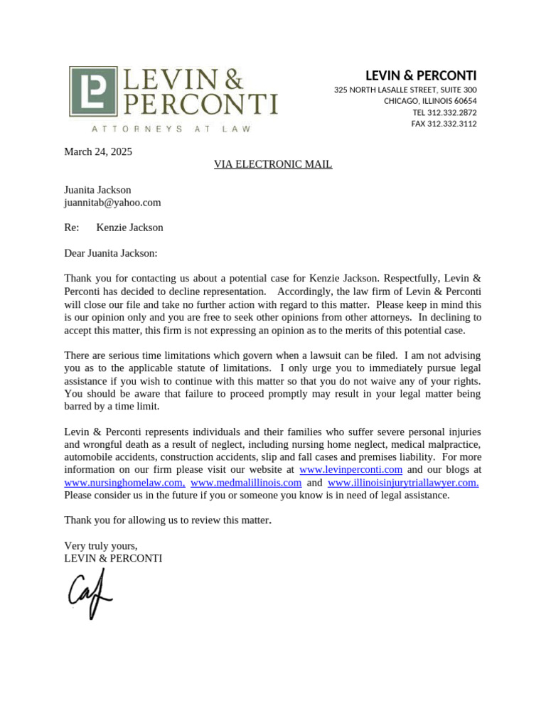 Levin & Perconti Case Decline Notice | PDF