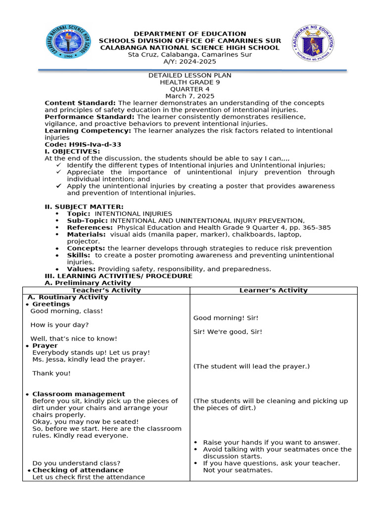 Grade 9 Health Lesson Plan: Injury Prevention | PDF | Bullying ...