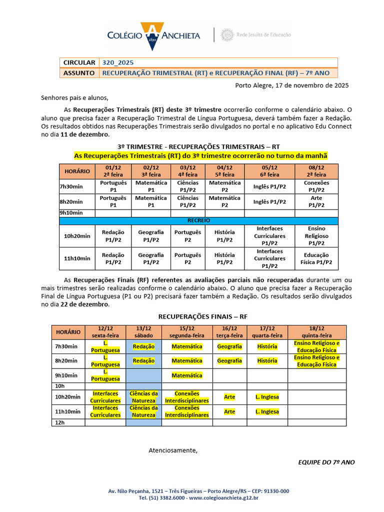 Circular 320 2025 Recuperacao Trimestral Rt e Recuperacao Final Rf 7o ...