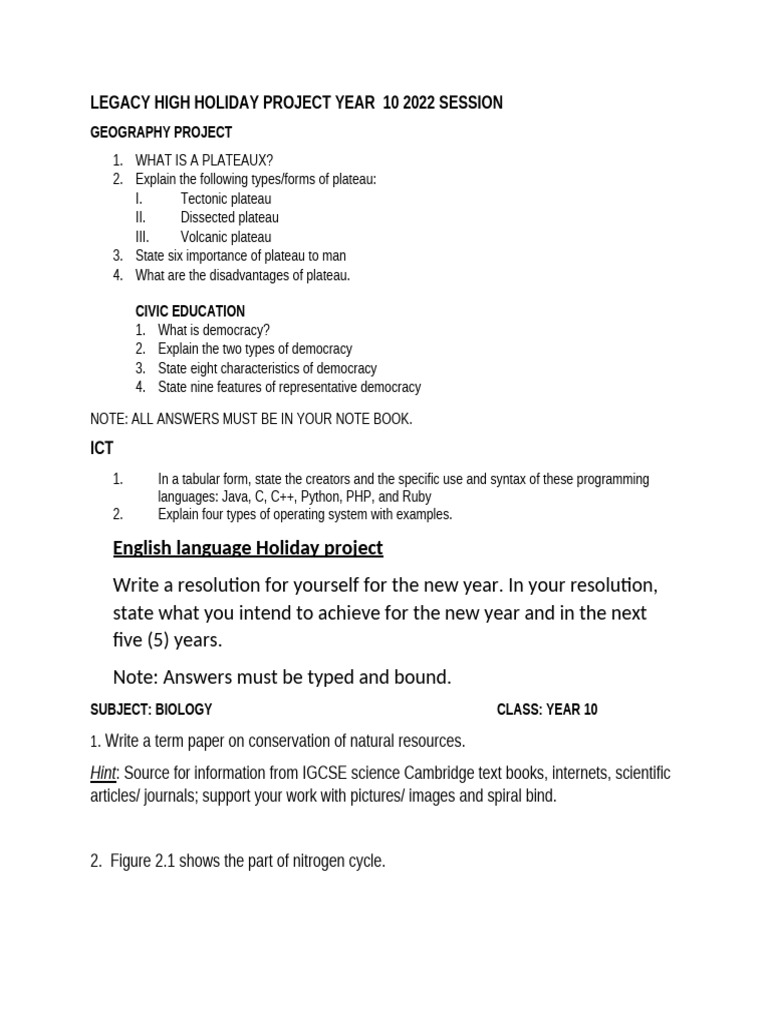 YEAR 10 HOLIDAY PROJECT | PDF | Plateau