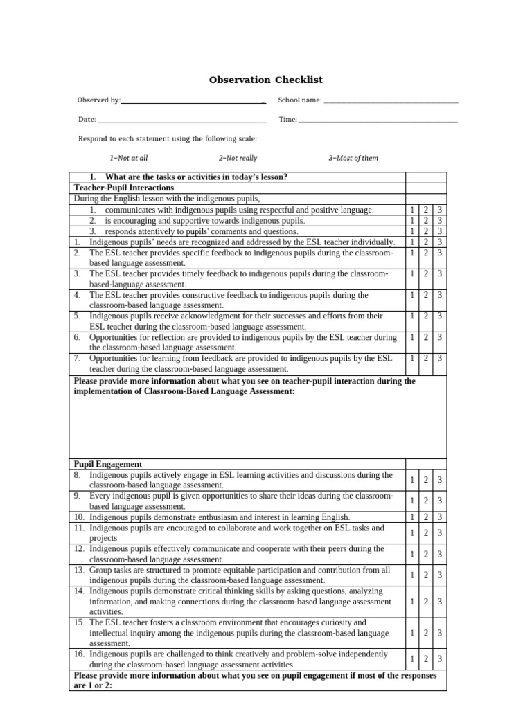 Indigenous ESL Classroom Observation Checklist | PDF | Teachers | Classroom