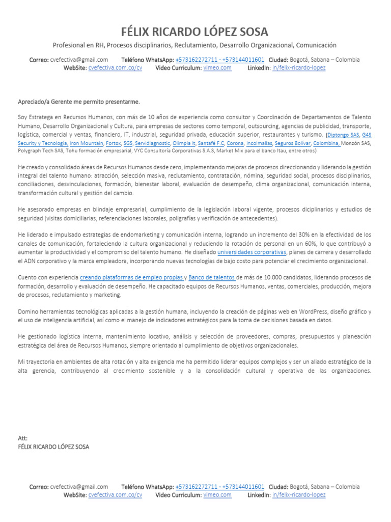 Cv Felix Ricardo Lopez Sosa - Rrhh 2025 2q Vf | PDF | Gestión de ...