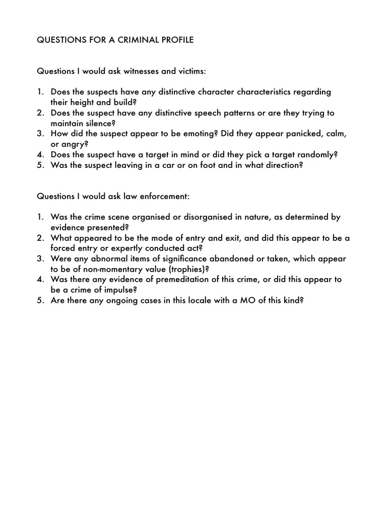 Criminal Profiling Questions Guide | PDF