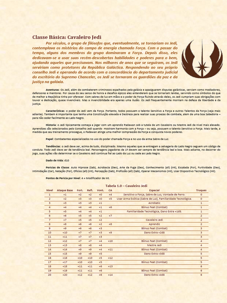 [Regras] - Jedi (Classe Basica)(Pathfinder RPG) | PDF | Jedi