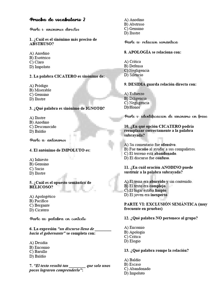 Prueba de vocabulario: sinónimos y antónimos | PDF