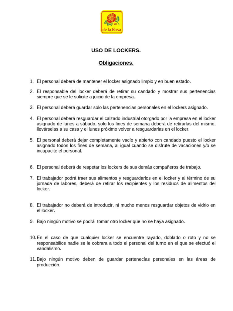 Normas para el Uso de Lockers en el Trabajo | PDF