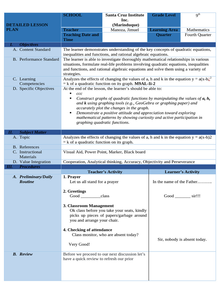 Quadratic Functions Lesson Plan | PDF | Trigonometric Functions ...