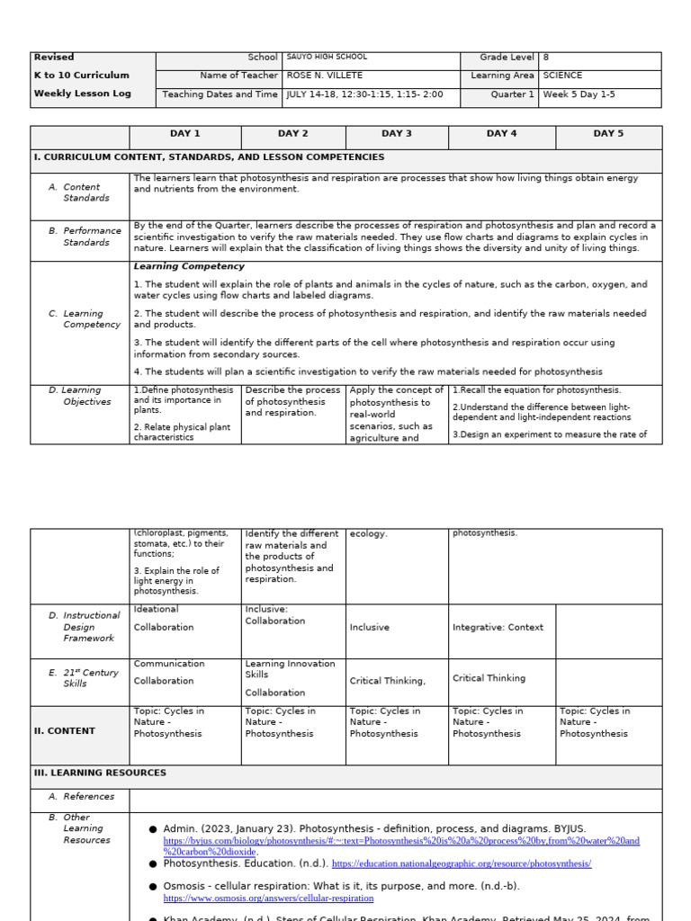 Grade 8 Science Weekly Lesson Plan | PDF | Photosynthesis | Leaf