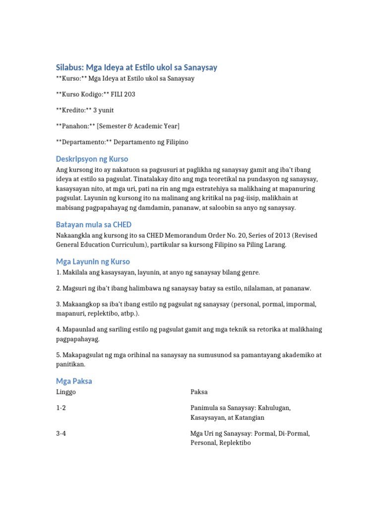 Syllabus Mga Ideya at Estilo Sanaysay | PDF