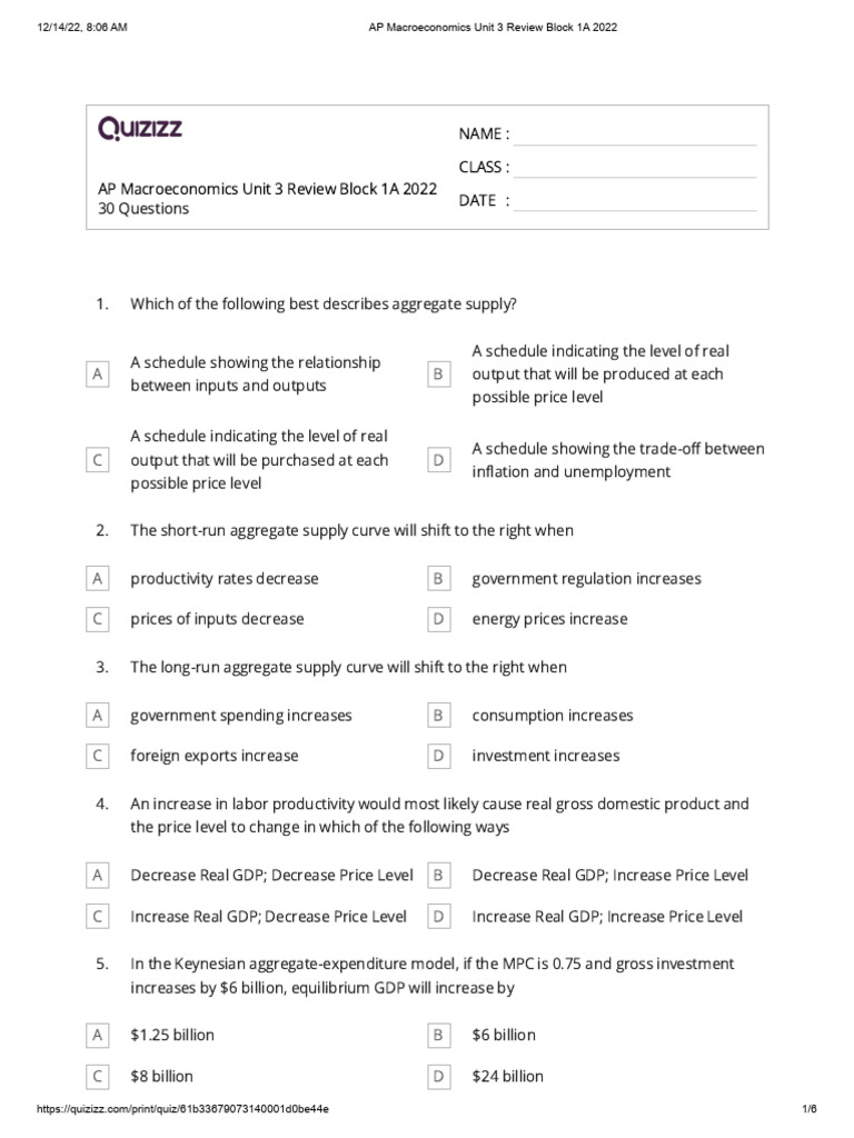 AP Macroeconomics Unit 3 Review 2022 | PDF | Fiscal Policy | Macroeconomics