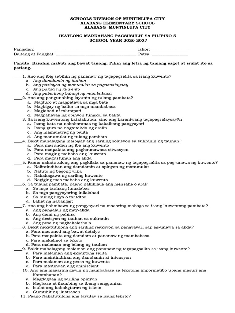 FILIPINO 5 - Ikatlong Pagsusulit | PDF