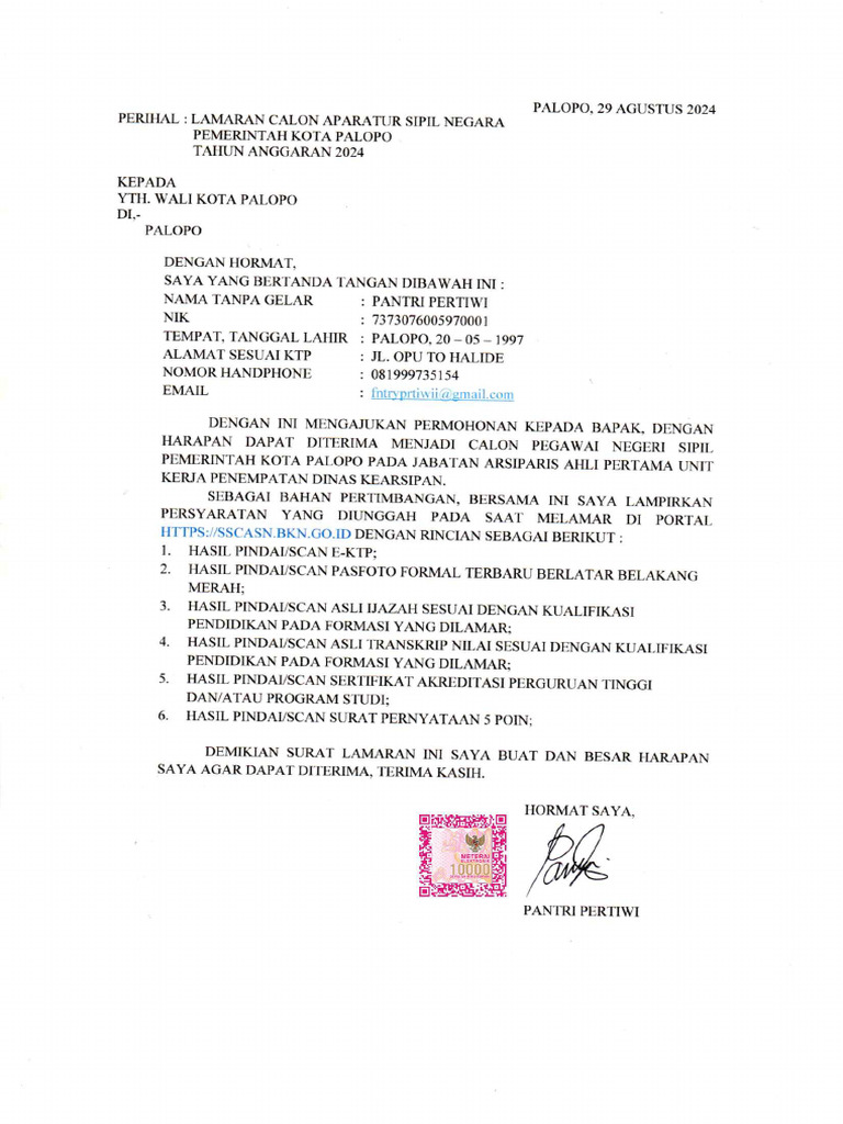 Surat Lamaran Pantri Pertiwi | PDF