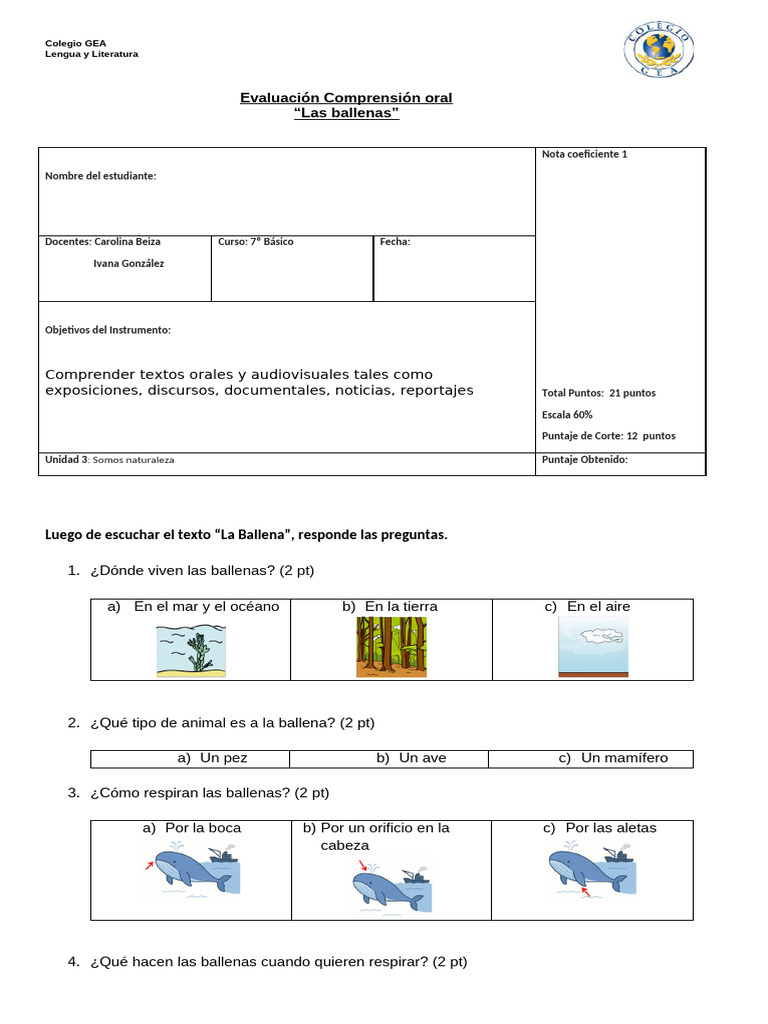 Evaluación de Comprensión sobre Ballenas | PDF | Cetáceos | Zoología