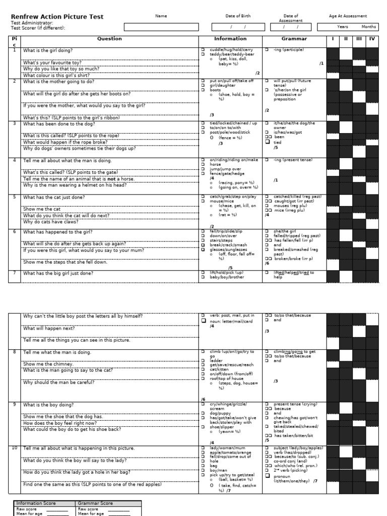 Renfrew Action Picture Test Guide | PDF | Grammatical Conjugation ...