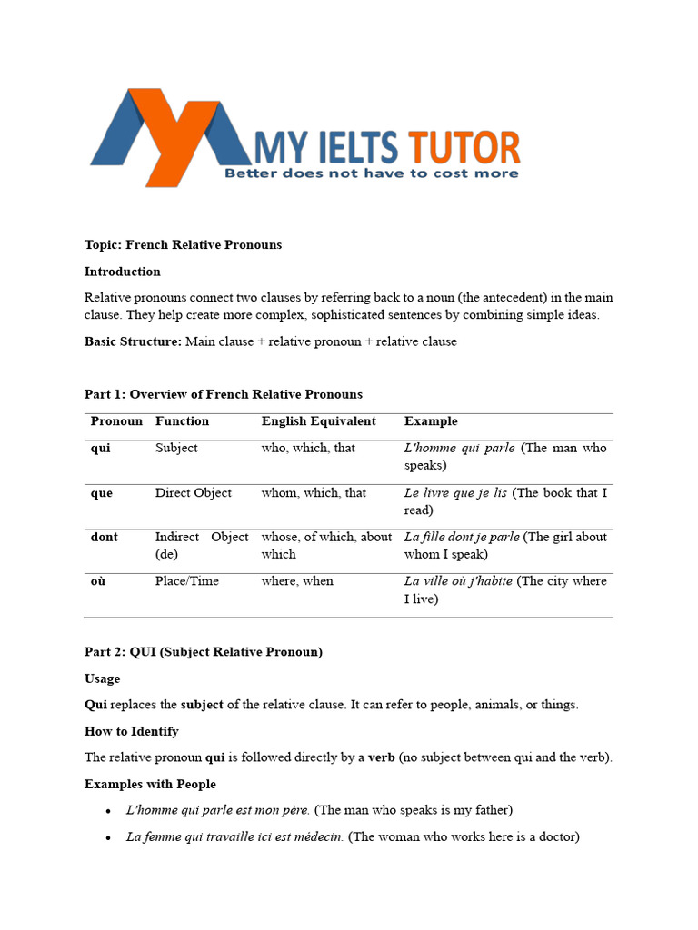 French Relative Pronouns Explained | PDF | Grammatical Gender | Pronoun