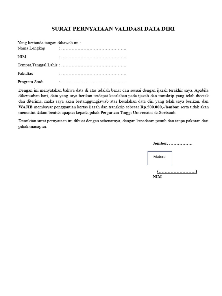 Surat Pernyataan Validasi Data Diri | PDF