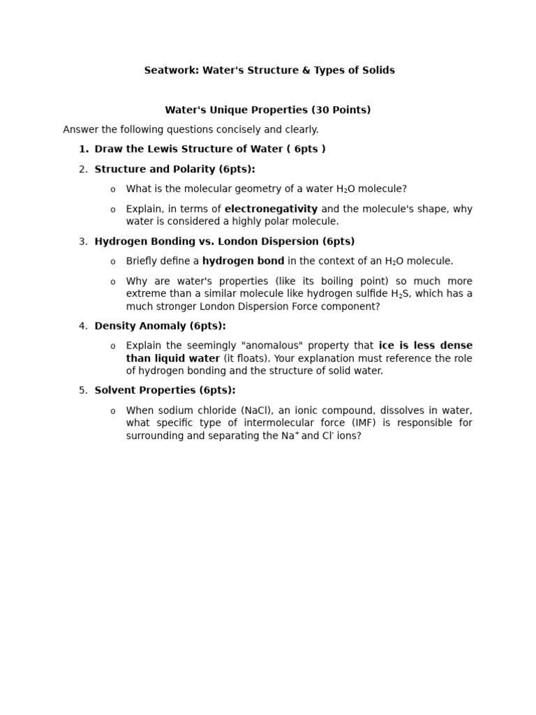 Seatwork Properties of Water | PDF