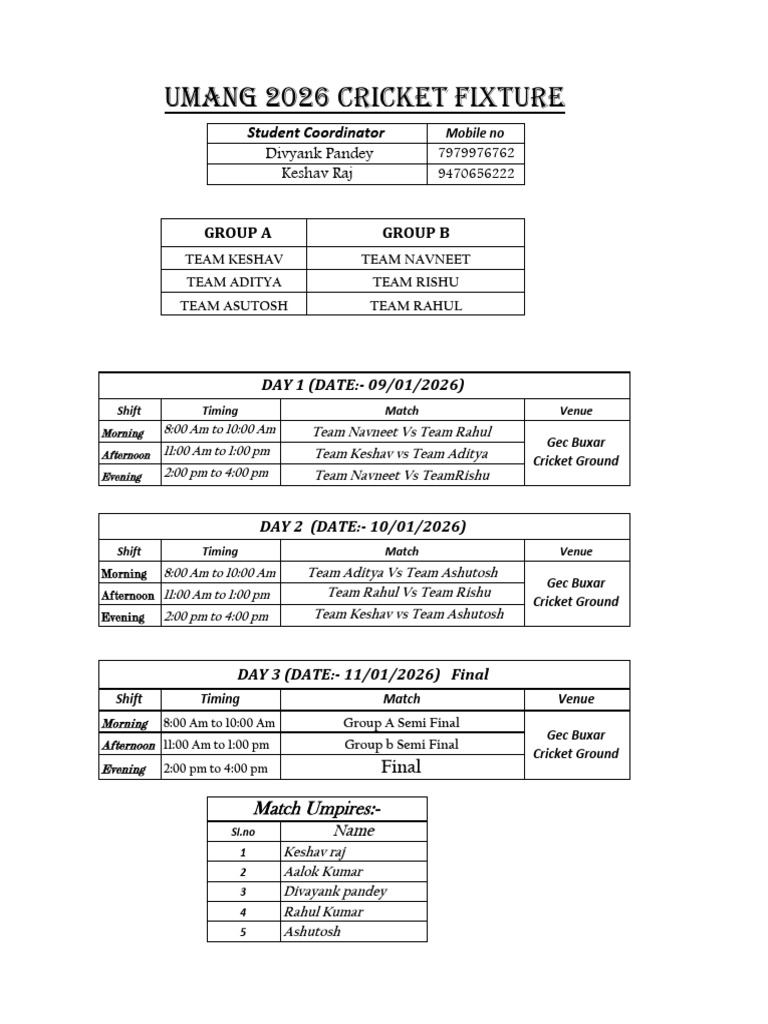 Umang 2026 Cricket Fixture Schedule | PDF