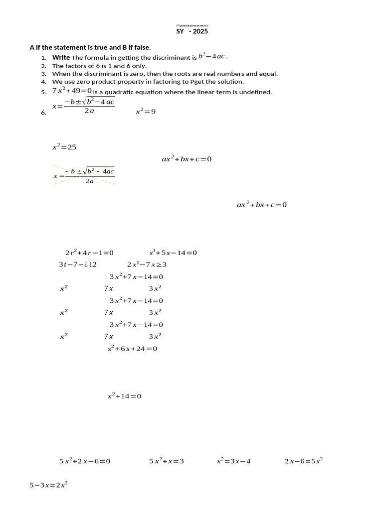 Math 9 1st Quarter Exam Review | PDF | Quadratic Equation | Equations