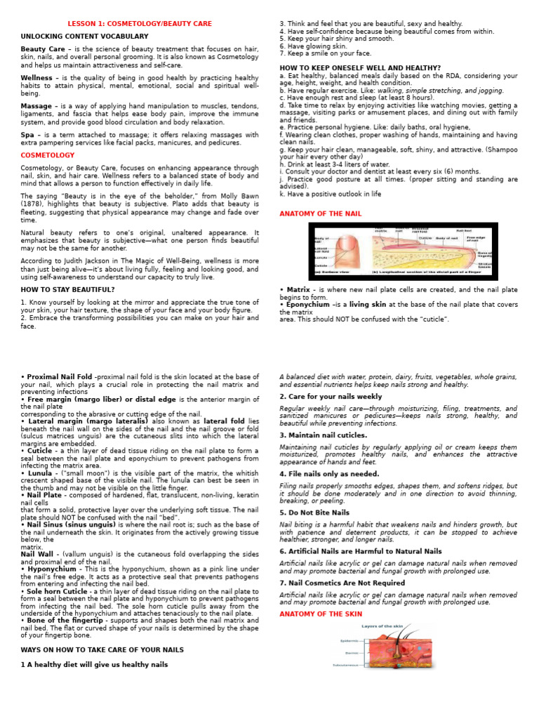 Tle Fcs Lesson 1 Students Note (1) | PDF | Nail (Anatomy) | Skin