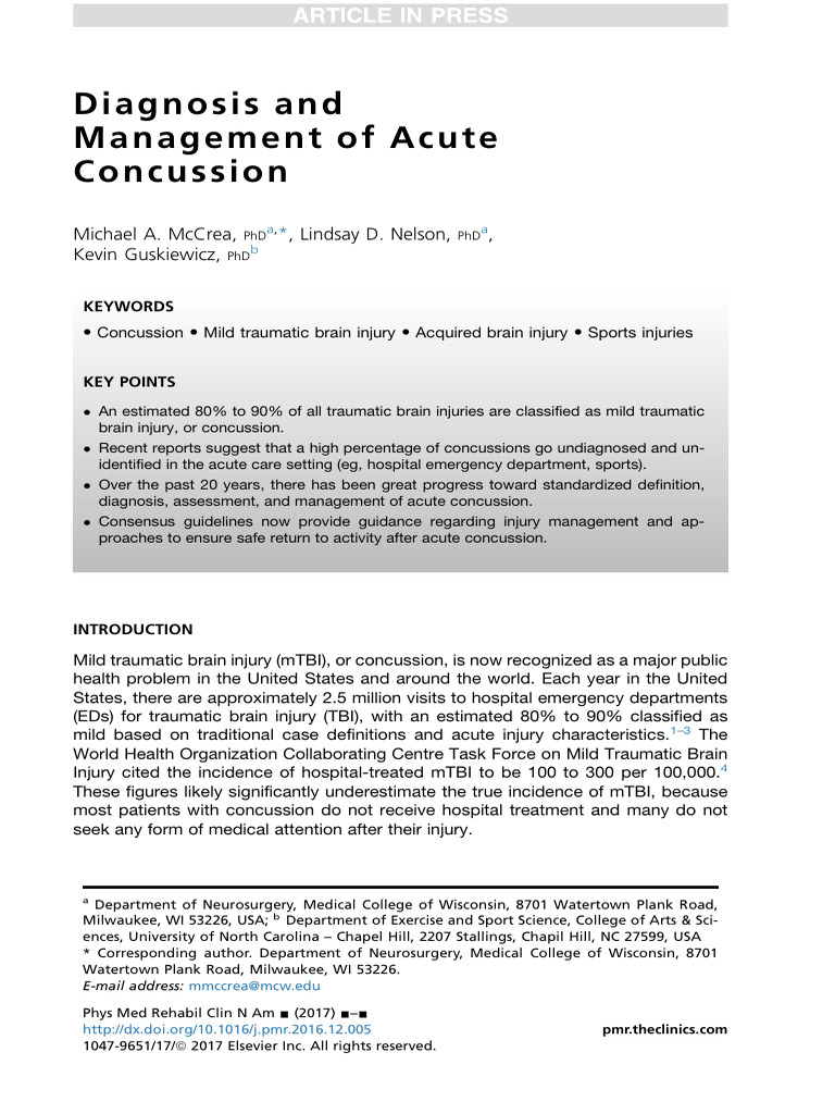 McCrea Et Al 2017_Dx and Management of Concussion_ACRM | PDF ...