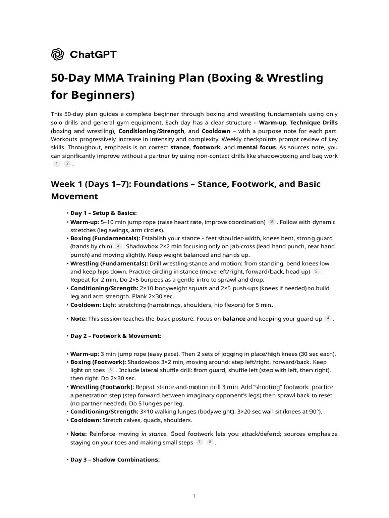 50-Day MMA Training Plan (Boxing & Wrestling for Beginners) | PDF