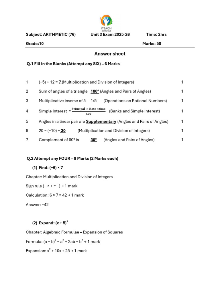 10th_LD-ARITHMETIC_Ans_svp | PDF | Area | Multiplication