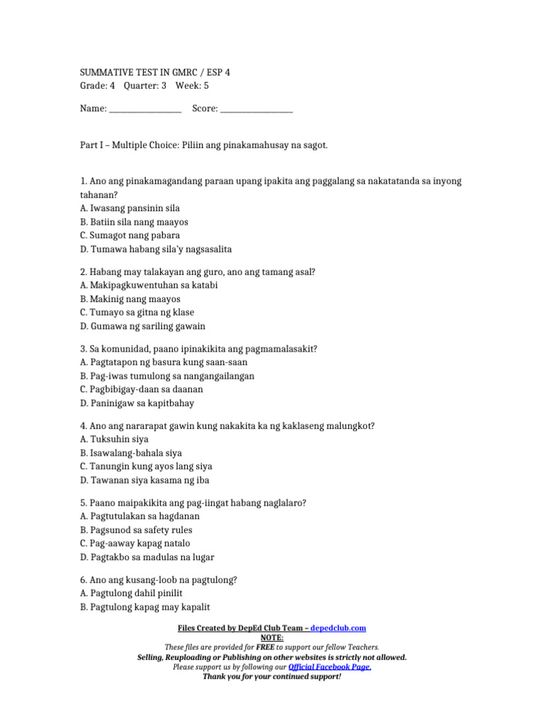Summ - Test GMRC - Esp 4 Q3 W5 | PDF