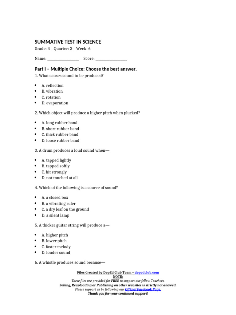 Grade 4 Science Sound Test | PDF | Sound | Acoustics