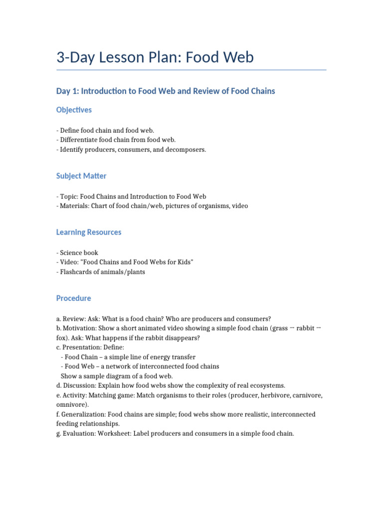 3-Day Food Web Lesson Plan | PDF | Food Web | Foods