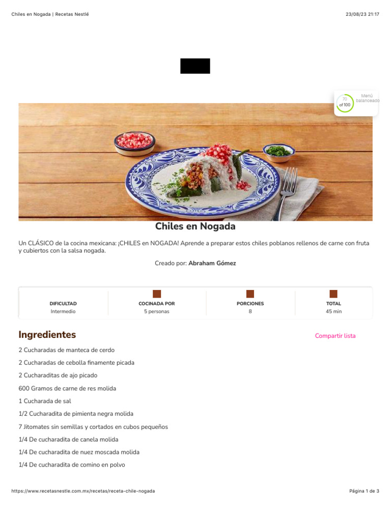 Chiles en Nogada | Recetas Nestlé | PDF | Nutrición | Dieta y nutrición