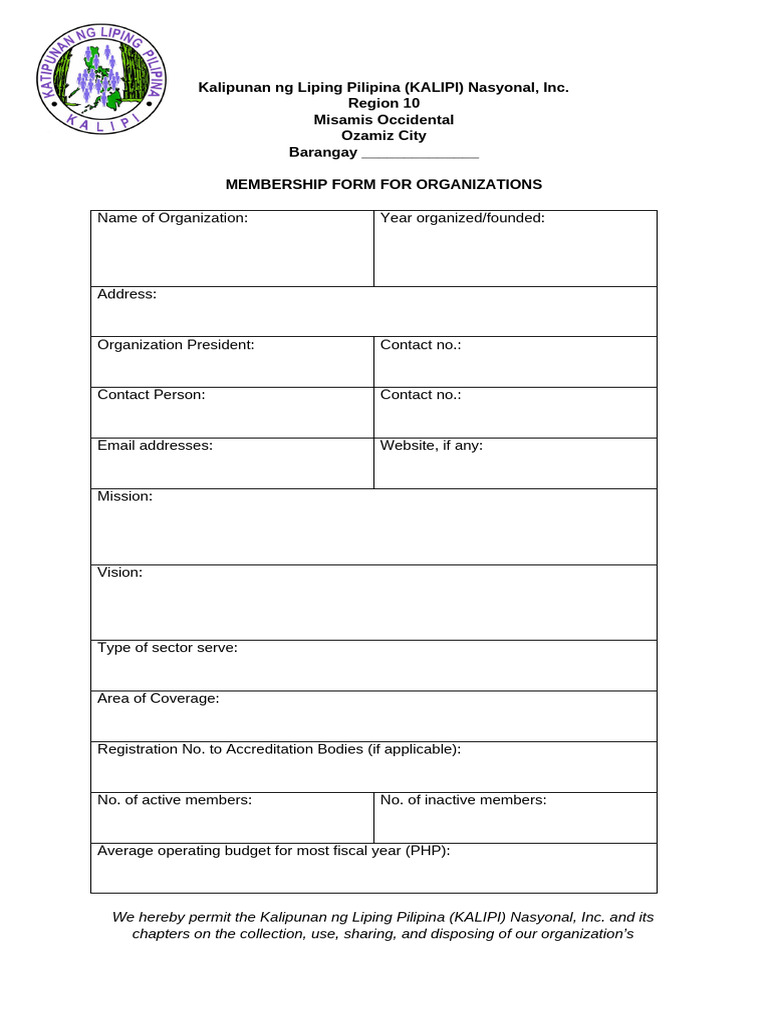 KALIPI Membership Form for Organizations | PDF
