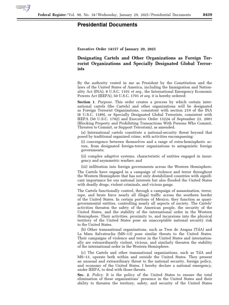 Executive Order on Terrorist Cartels | PDF | Justice | Crime & Violence