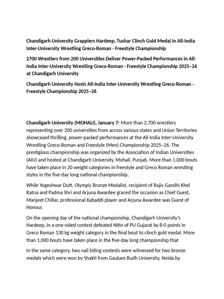 Press Release on CU Grapplers Clinch Gold in All-India Inter-University ...