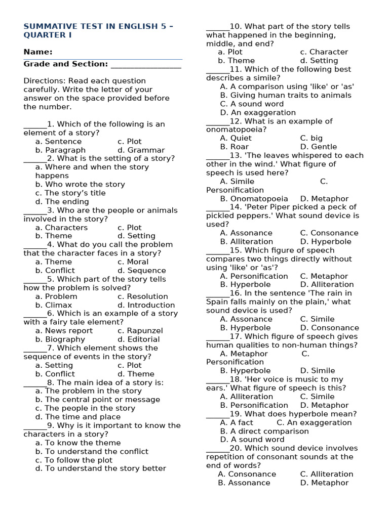 English 5 Summative Test: Quarter 1 | PDF | Metaphor | Linguistics
