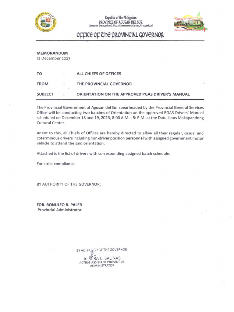 Memorandum-Orientation On The Approved Pgas Driver's Manual | PDF