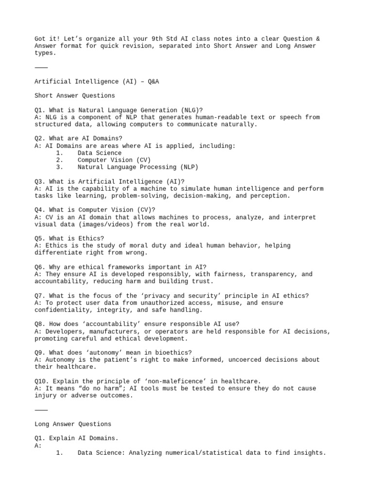 9th Std AI Class Notes Q&A Guide | PDF | Artificial Intelligence ...